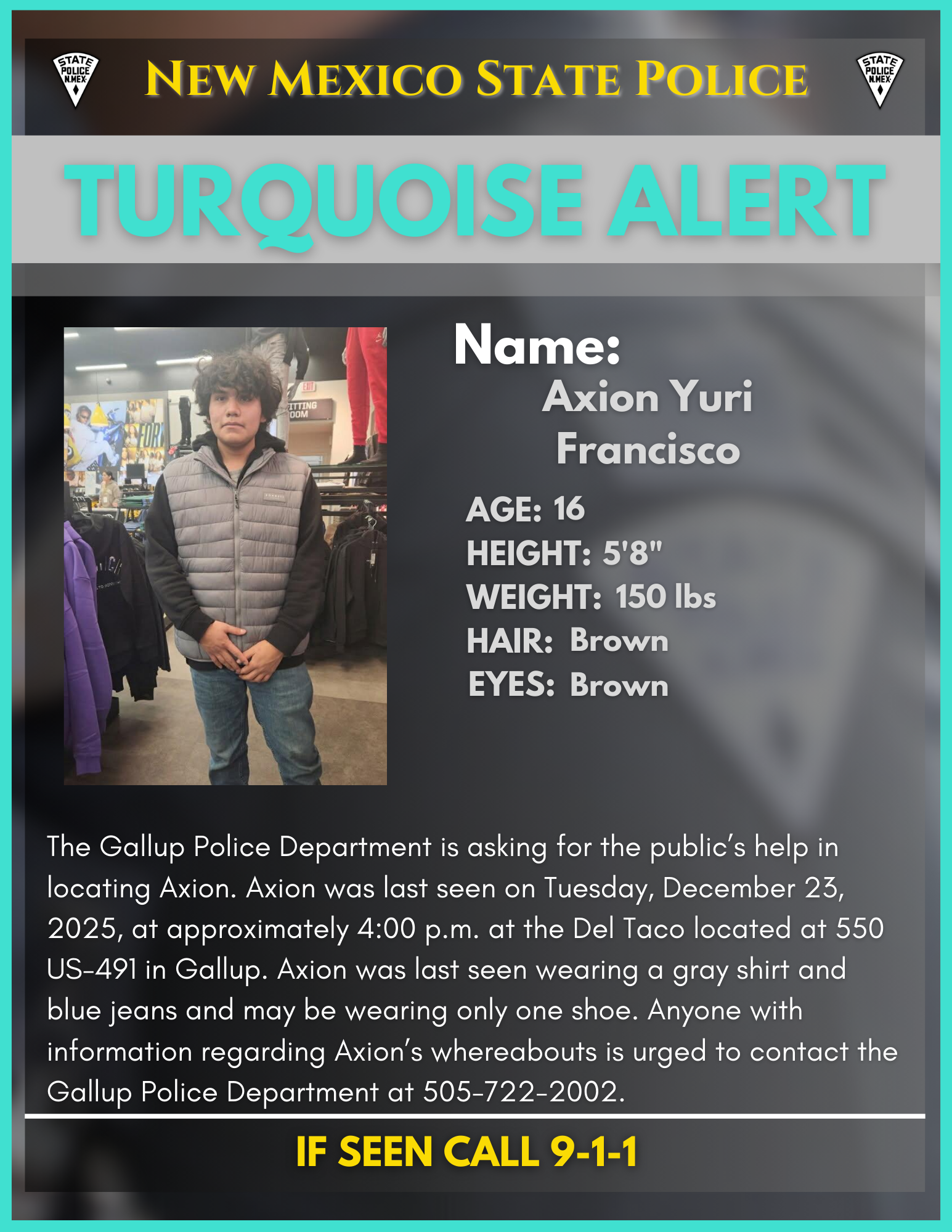 Turquoise Alert - Gallup Police Department - NM Department of Public Safety